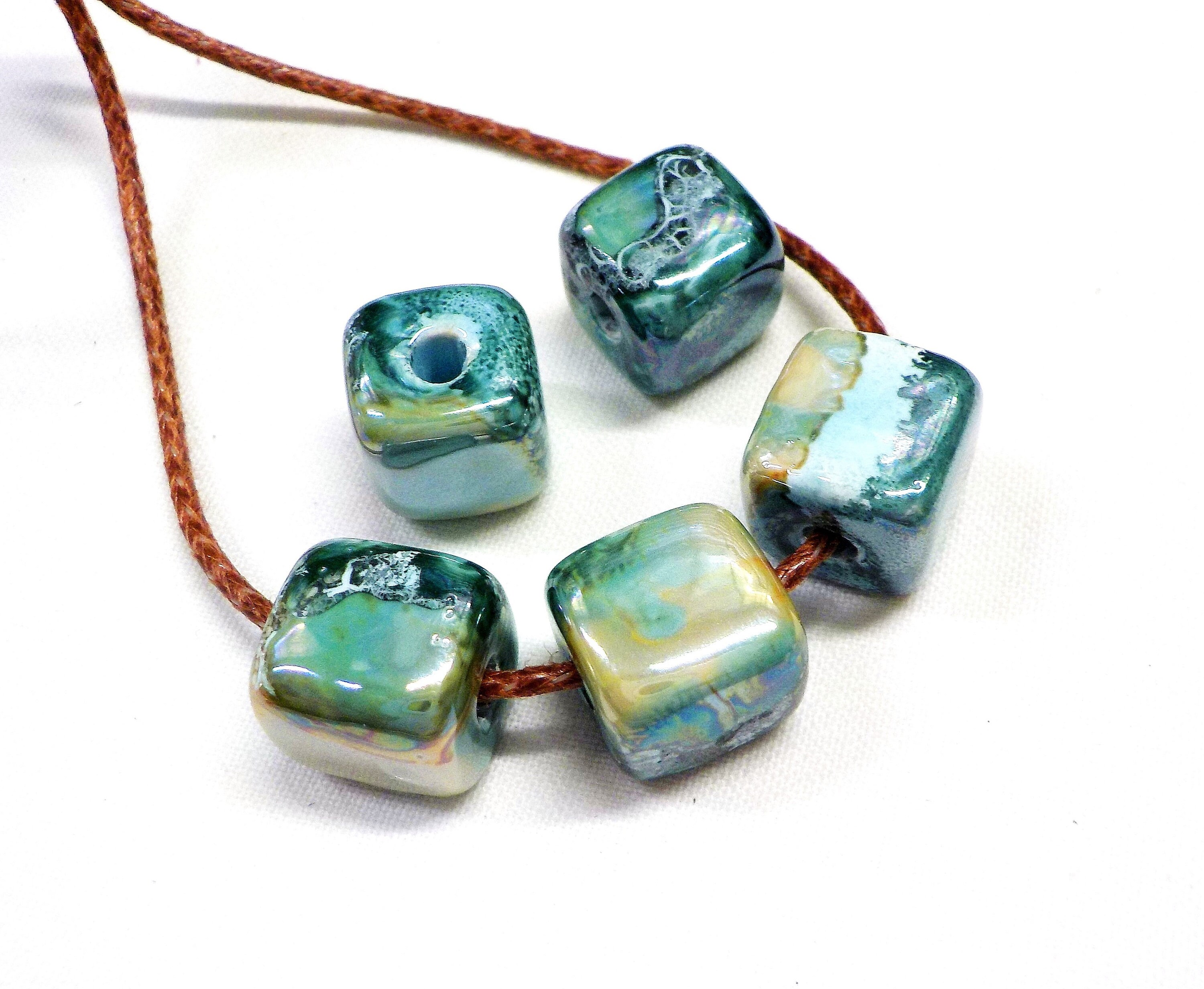 Blue Beige Multi Ceramic Cube, Handmade Enameled Ceramic Beads, Glazed ...