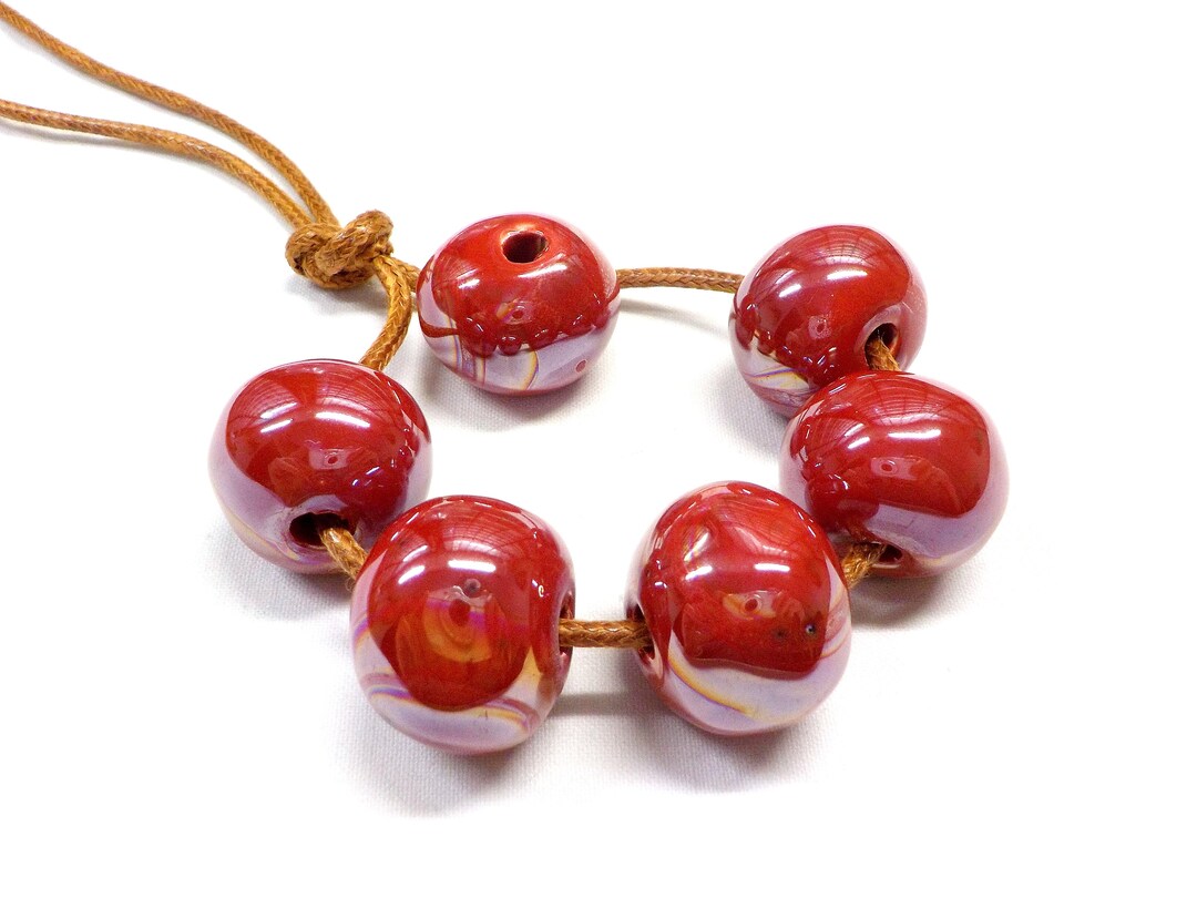 Red Round Ceramic Beads, Macrame Ceramic Ball, Handmade Enameled ...