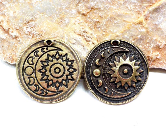 Bronze Sun Moon Pendant Round Double Sided Pendant Coin Pendant Boho Disc Pendant Ethnic Pendant Sun Moon Medallion 30mm 1 Piece Etsy