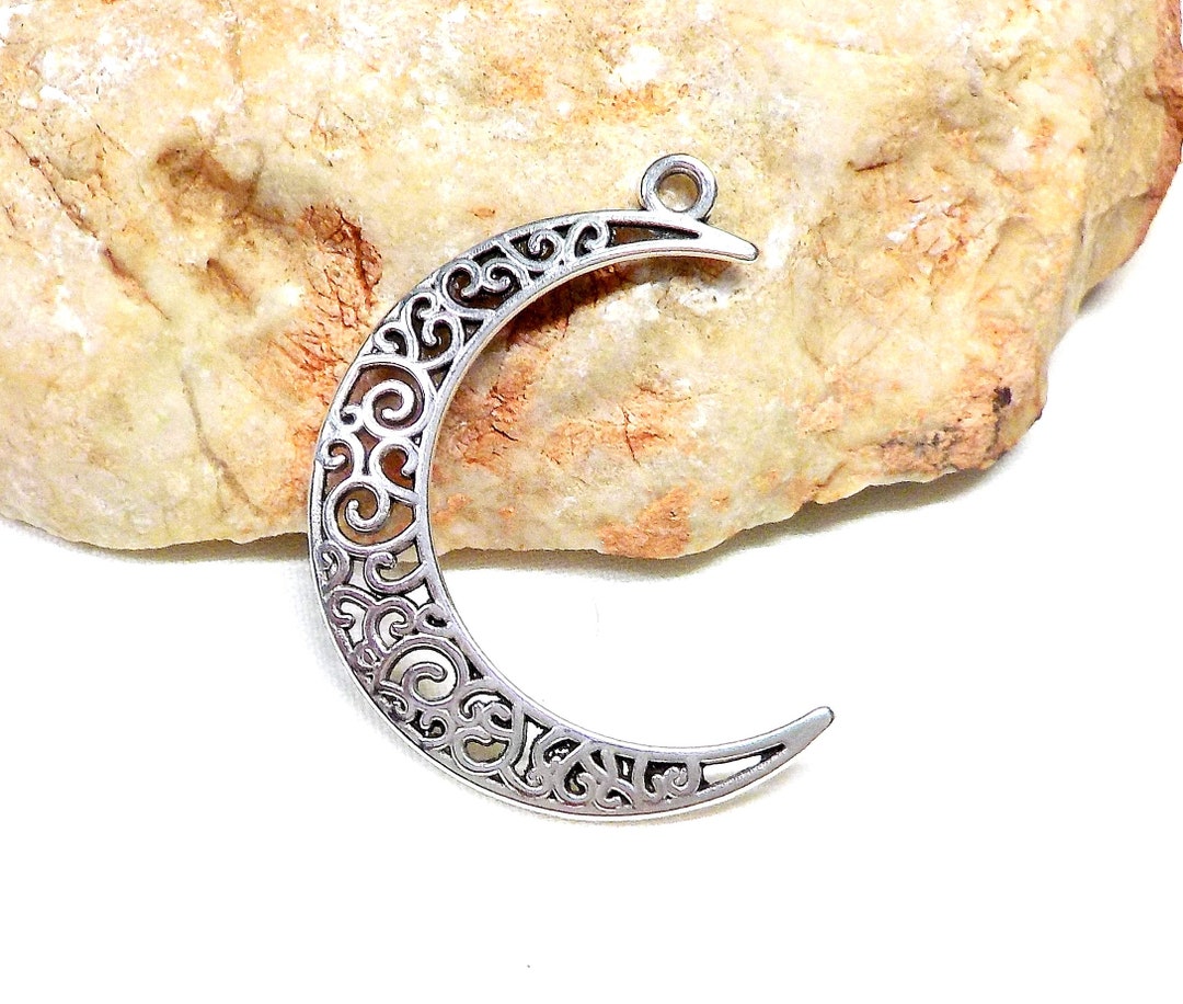 Silver Plated Filigree Crescent Moon Pendant, Half Moon Pendant ...