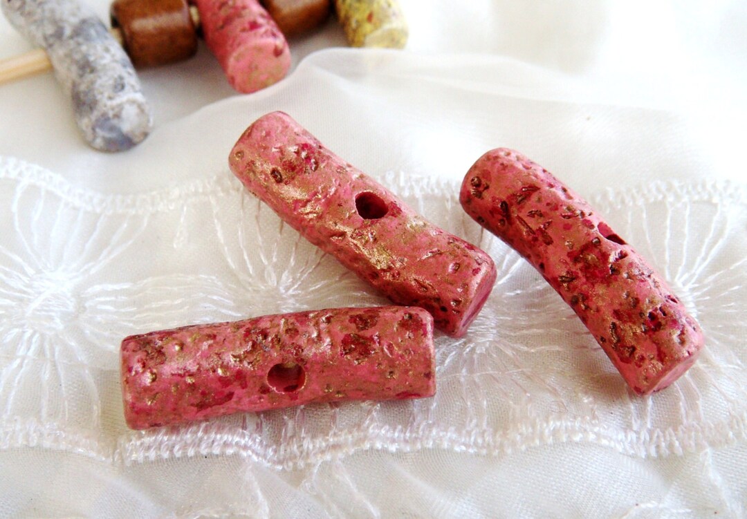 Inlay Pink Ceramic Beads, Ceramic Curved Bars, Handmade Greek Ceramic ...