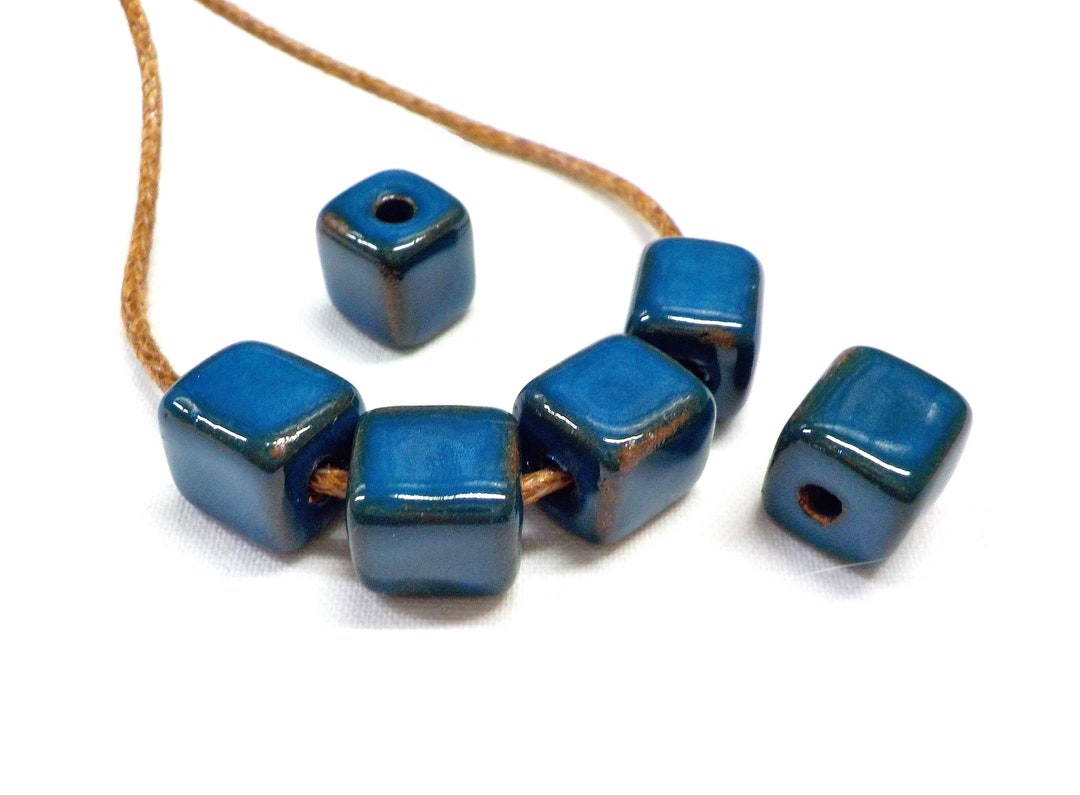 Turquoise Blue Ceramic Cube, Handmade Enameled Ceramic Beads, Glazed ...