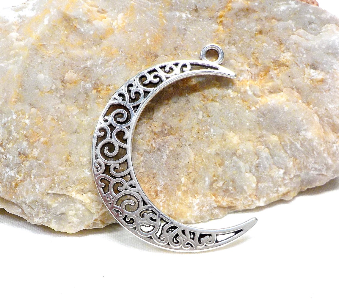 Silver Plated Filigree Crescent Moon Pendant Half Moon - Etsy