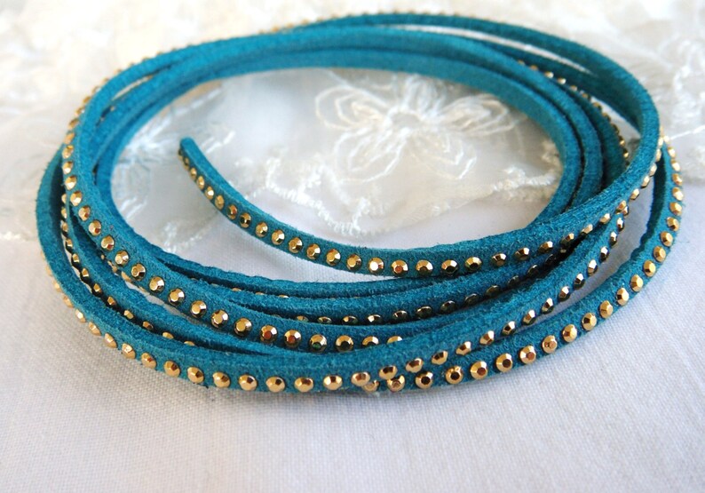 High Quality Suede Cord With Rhinestone 3mm, Petrol Suede With Gold ...