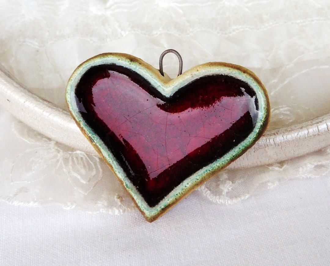 Stoneware Enameled Ceramic Red Heart, Ceramic Pendant, 49x40mm - 1 ...