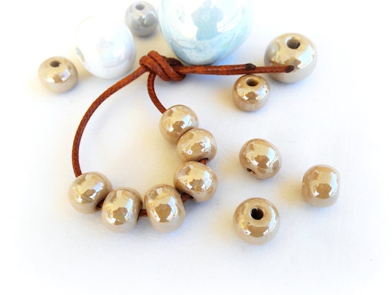 Beige Dark Cream Round Ceramic Beads Handmade Enameled | Etsy