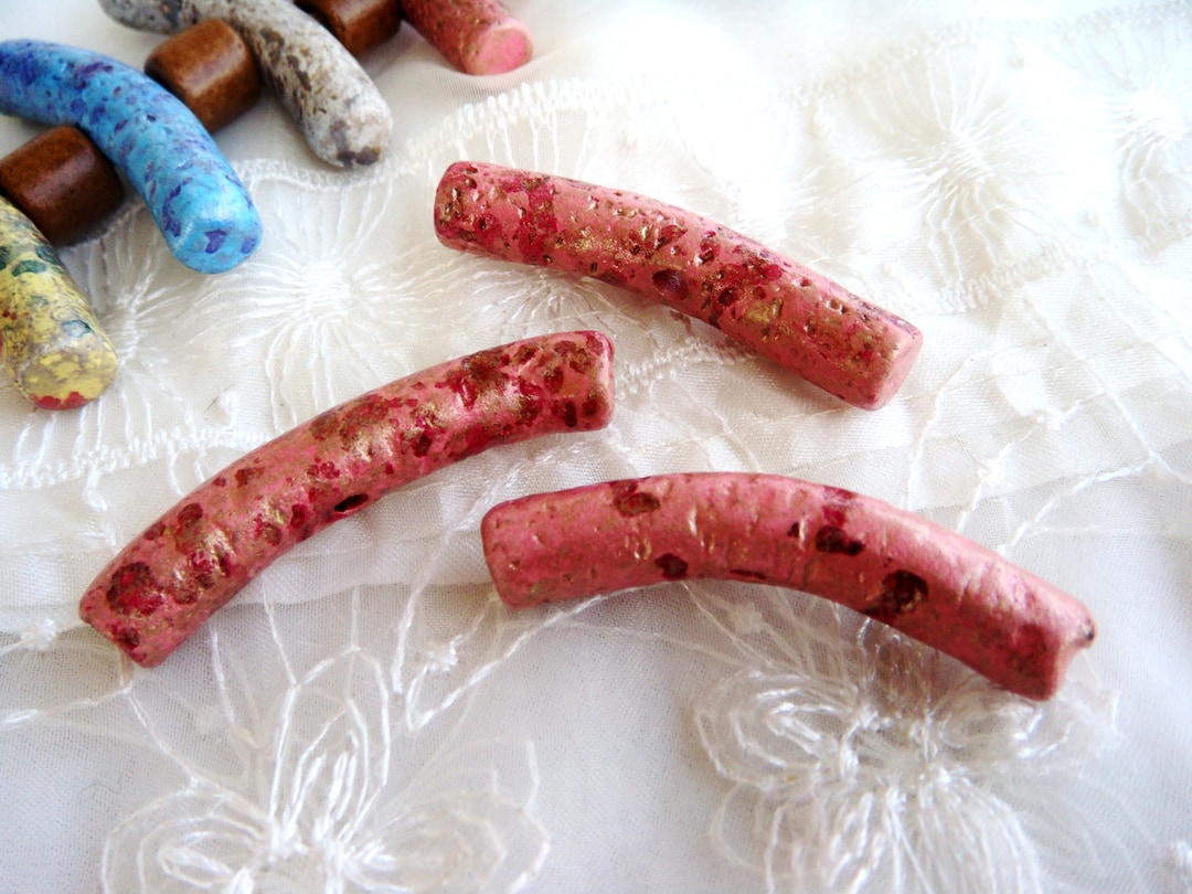 Inlay Pink Ceramic Beads, Ceramic Curved Bars, Handmade Greek Ceramic ...