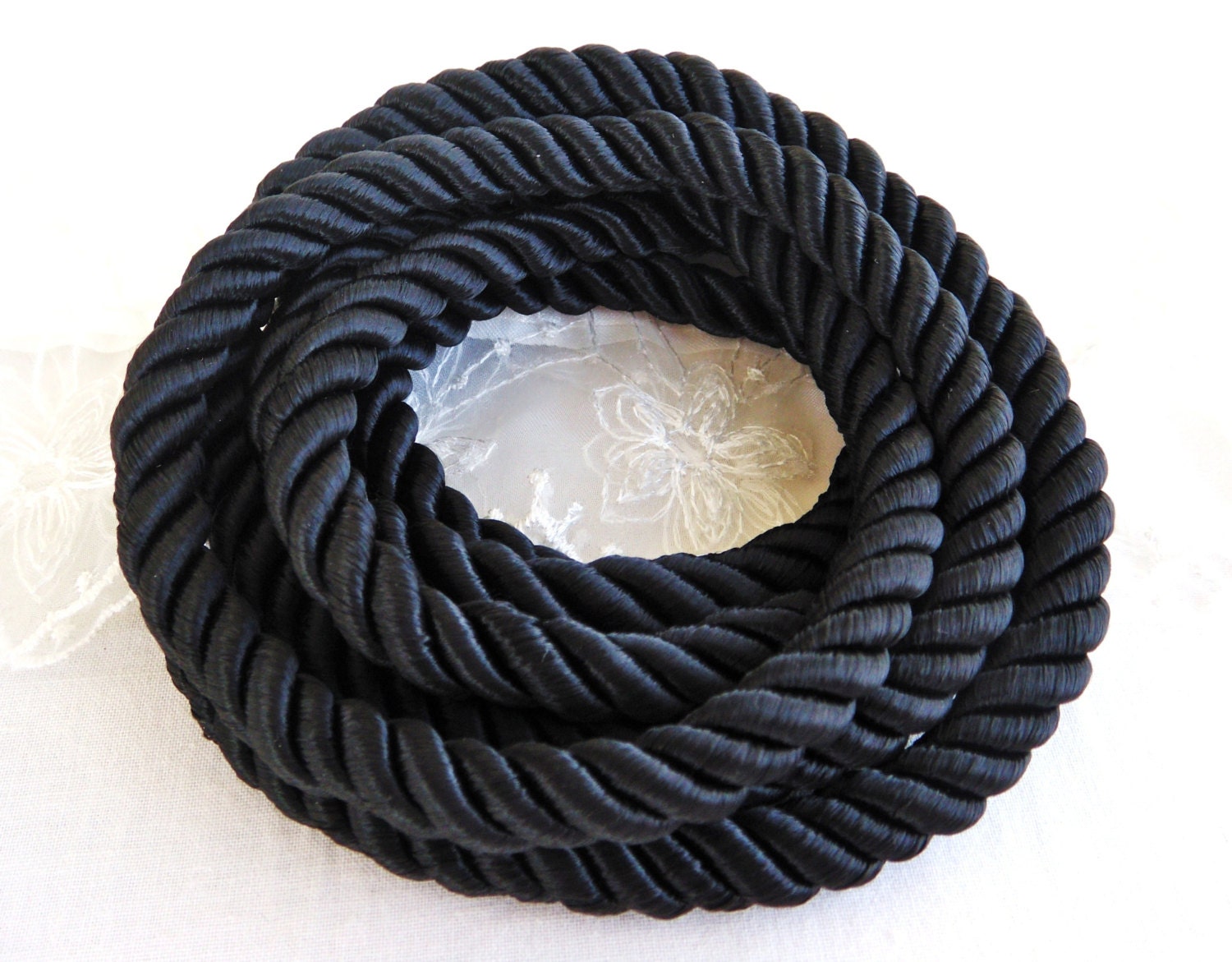 Black Satin Twisted Cord, Wrapped Thread Cord, 9mm Rope Cord - 1 Yard ...