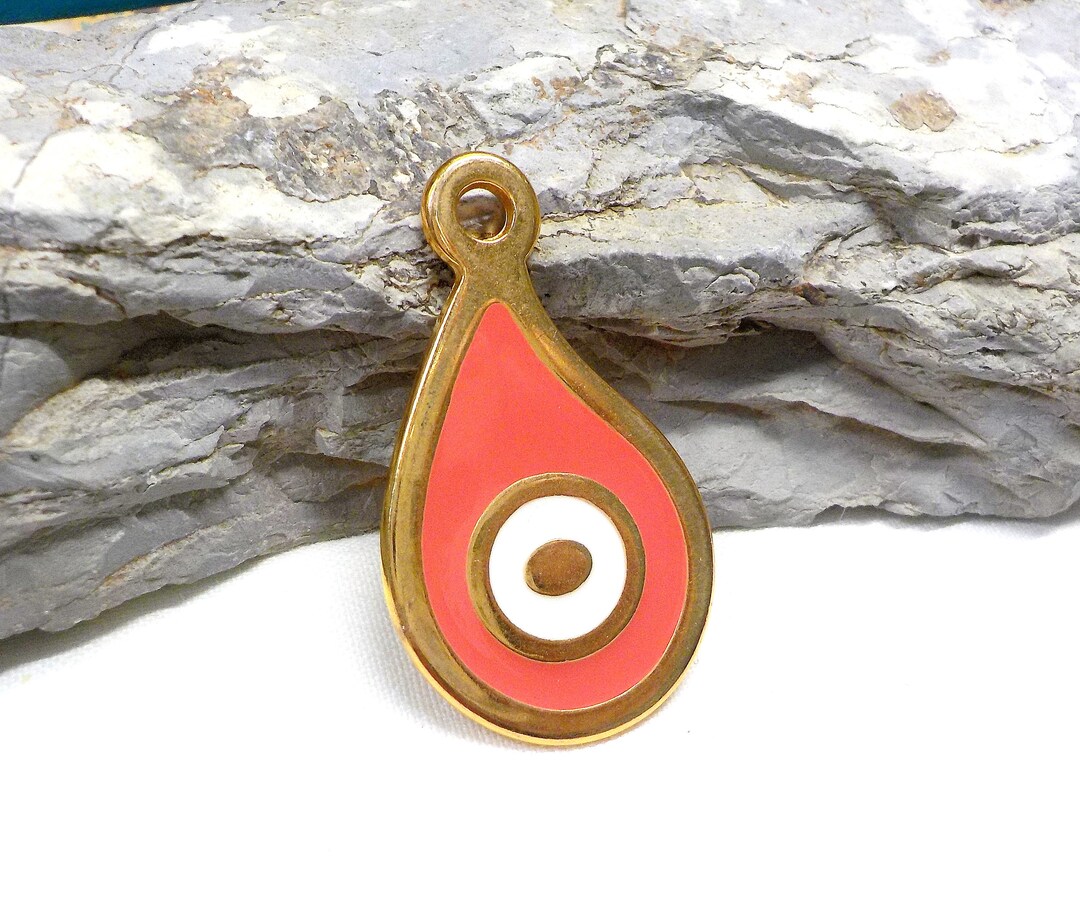 Drop Evil Eye, Gold Plated Coral Enamel Evil Eye Pendant, Good Luck ...