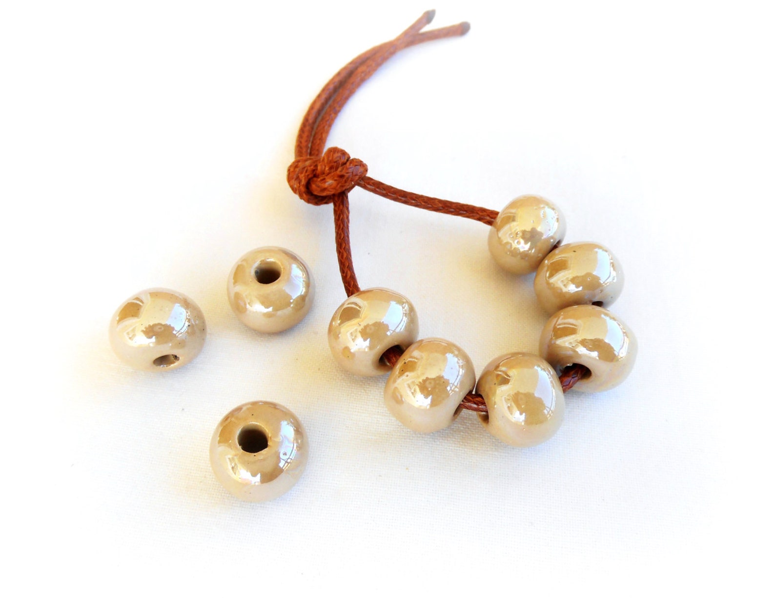 Beige Dark Cream Round Ceramic Beads, Handmade Enameled Ceramic, Glazed ...
