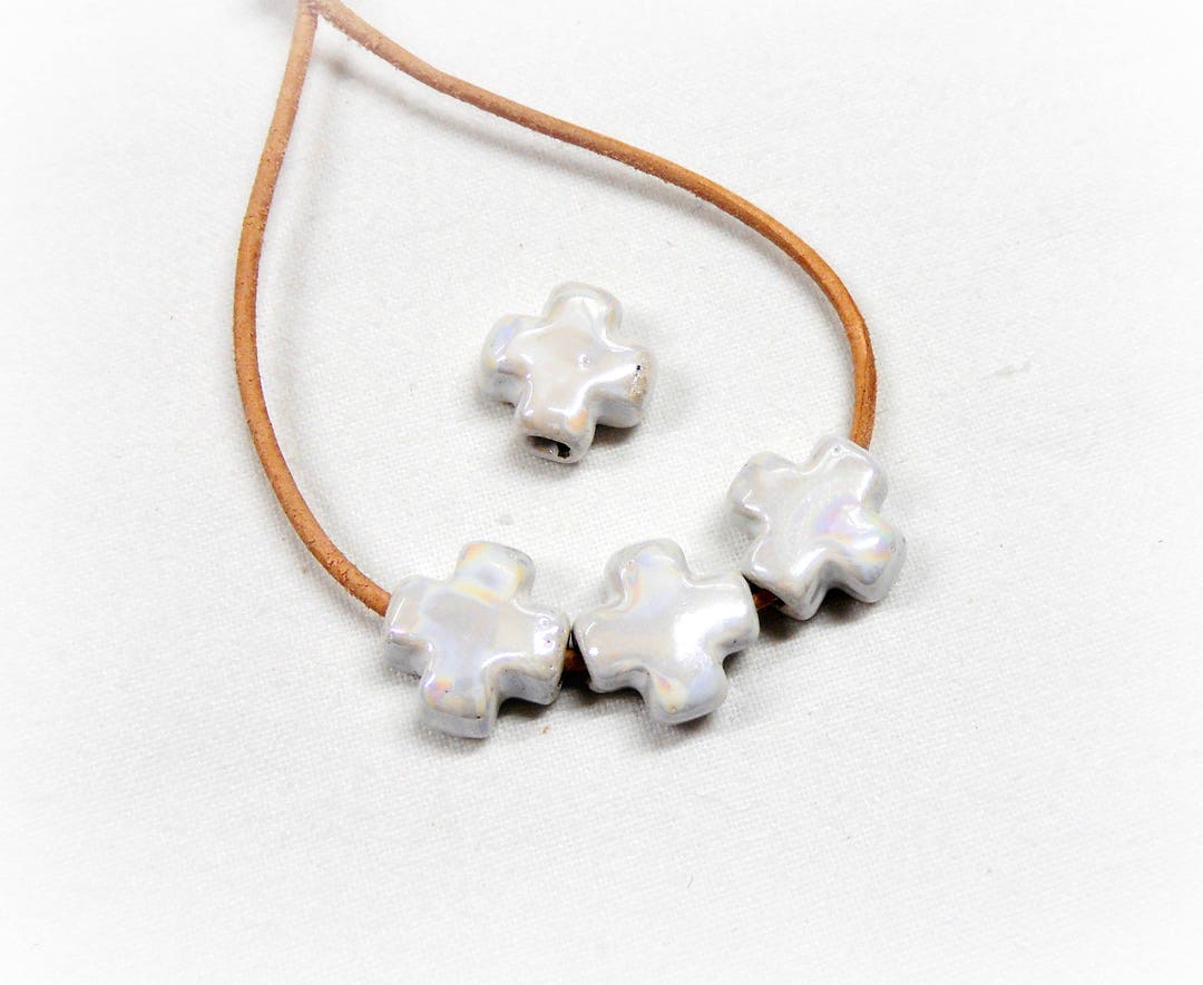 White Ceramic Cross Bead, Greek Enameled Ceramic Slider, Ceramic Cross ...