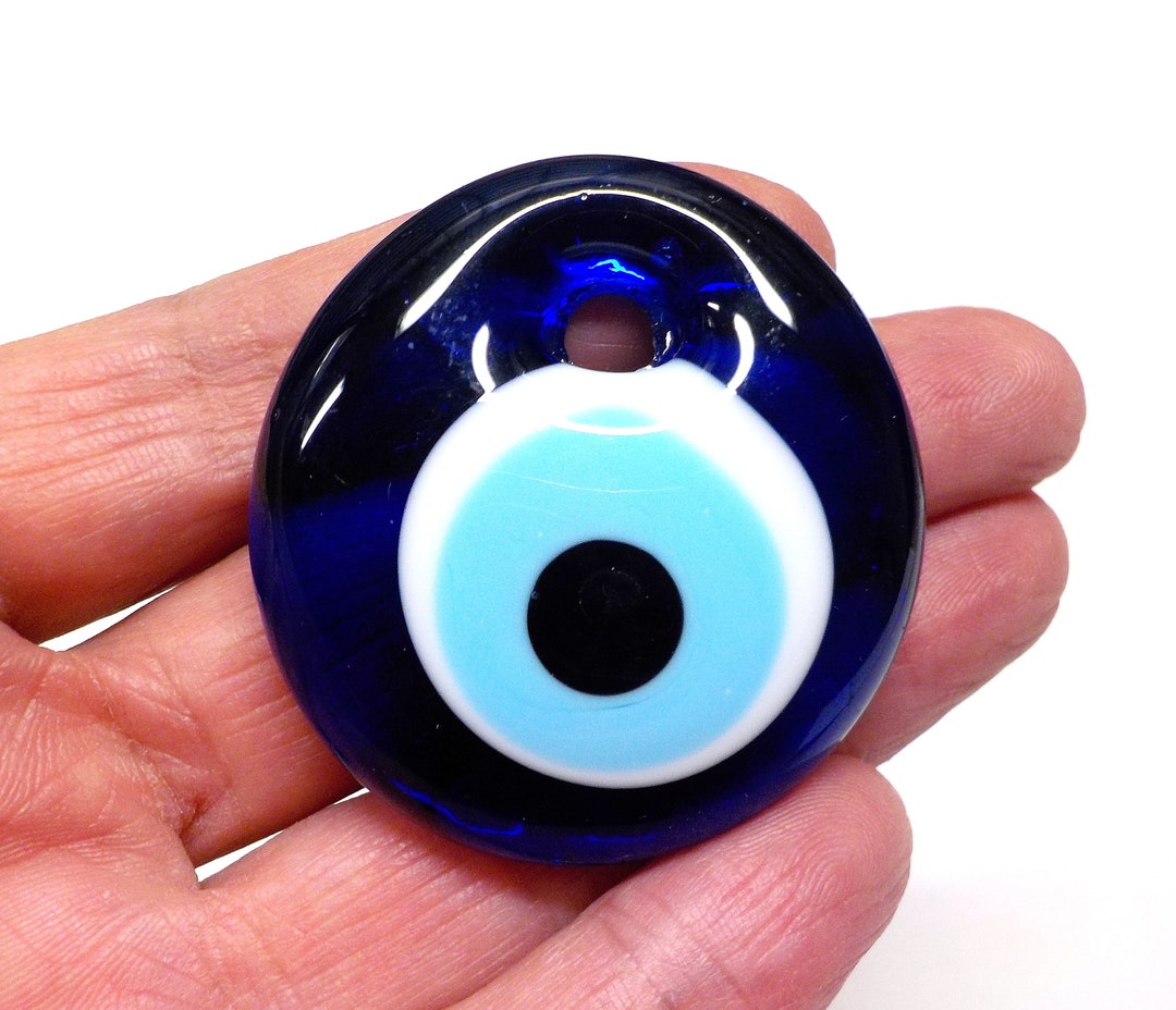 Blue Evil Eye Glass Round Pendant, Large Evil Eye Flat Bead, Good Luck ...