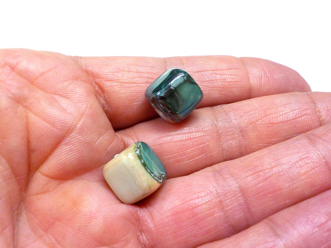 Blue Beige Multi Ceramic Cube, Handmade Enameled Ceramic Beads, Glazed ...