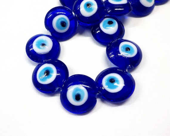 Large Evil Eye Flat Beads Blue Evil Eye Beads Good Luck Beads Protection Beads Glass Round Beads 20mm approx. Hole 2mm 2 Pieces