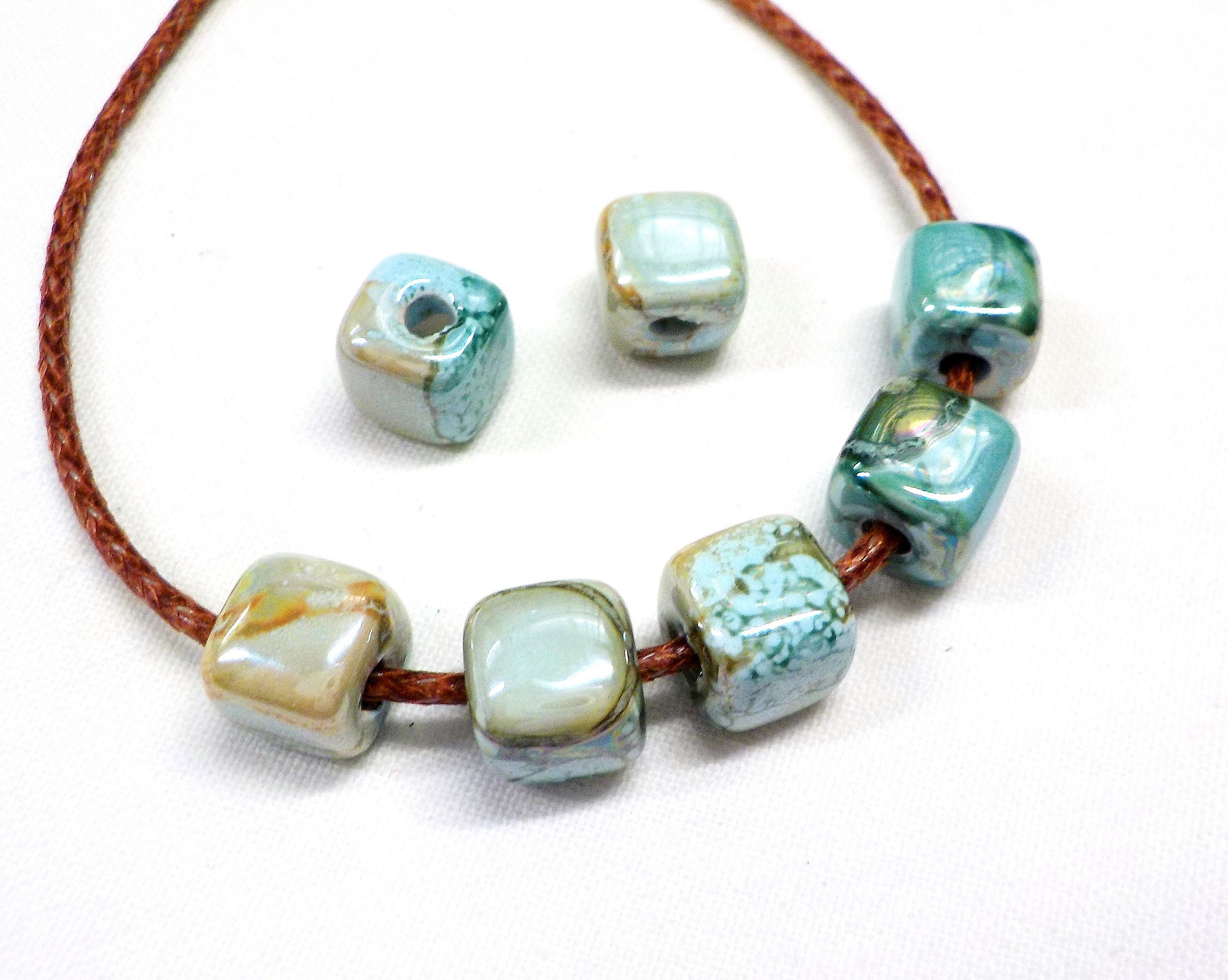 Blue Beige Multi Ceramic Cube, Handmade Enameled Ceramic Beads, Glazed ...