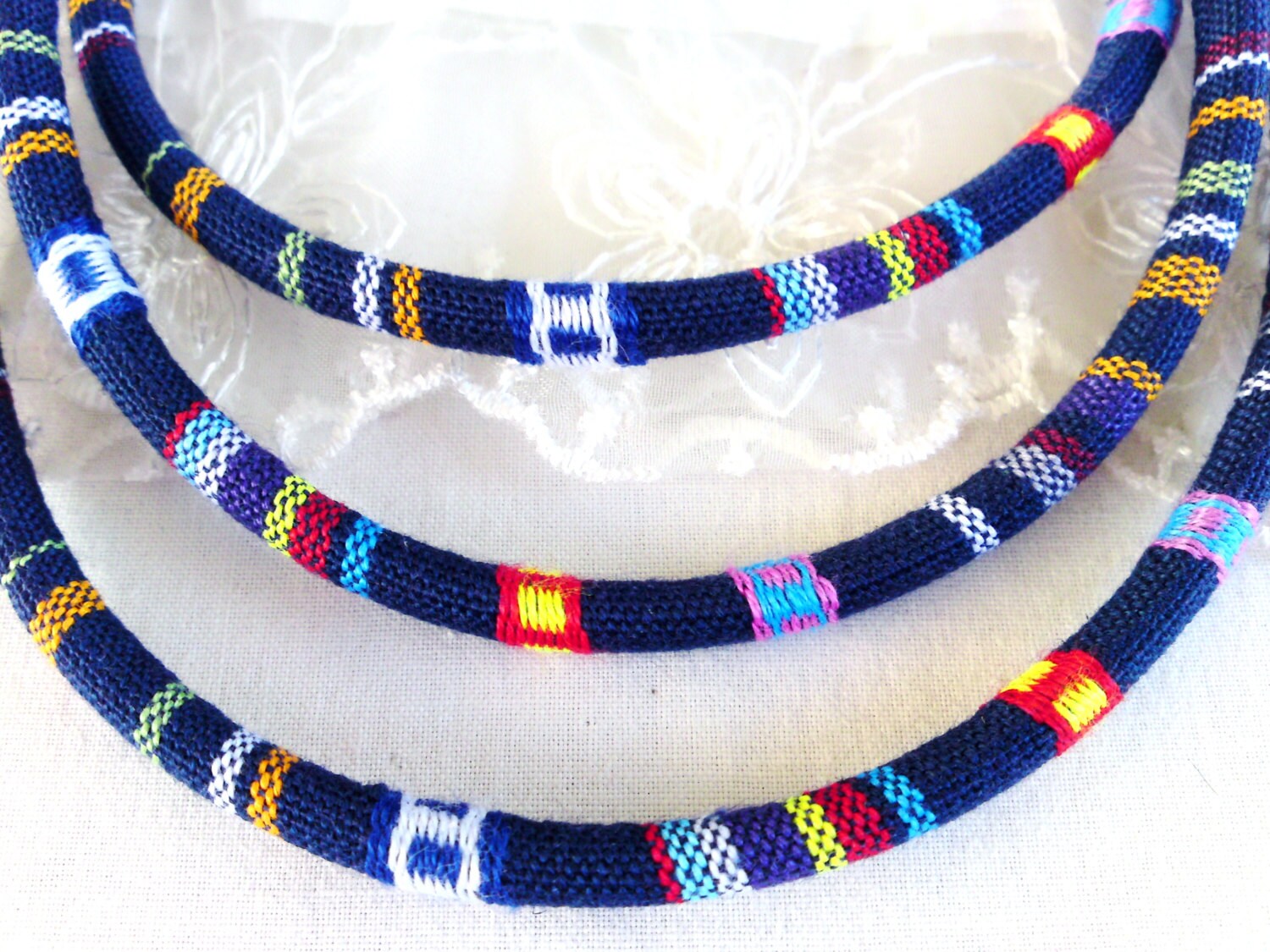 Blue Multi Stitched Fabric Cotton Cord, Embroidered Textile Cord ...