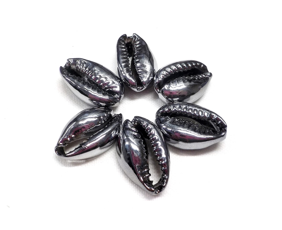 Gun Metal Plated Natural Sea Shell, Back Cut Cowrie Shell Beads, Black ...