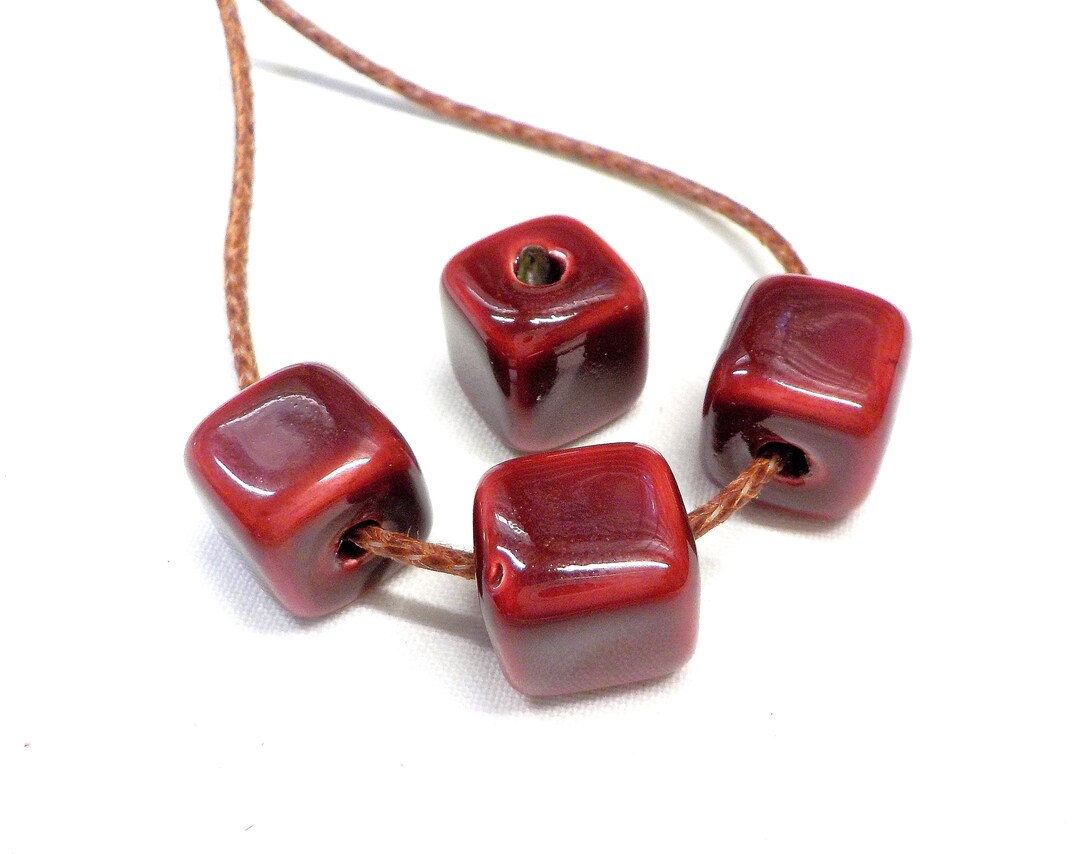 Bordeaux Dark Red Ceramic Cube, Handmade Enameled Ceramic Beads, Glazed ...