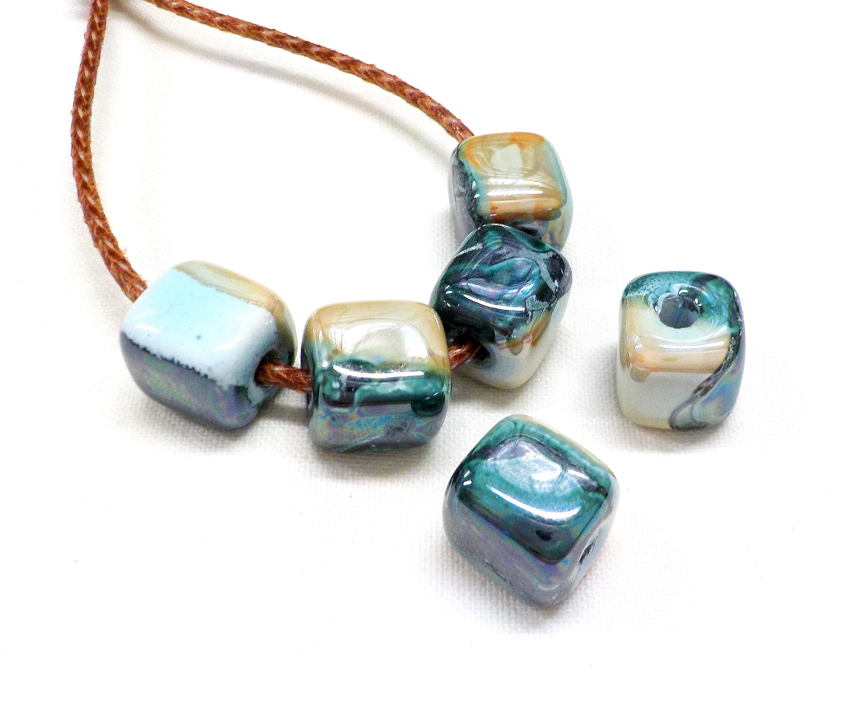 Blue Beige Multi Ceramic Cube, Handmade Enameled Ceramic Beads, Glazed ...