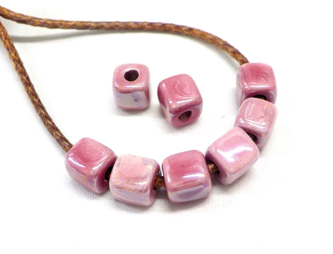 Fuchsia Pink Ceramic Cube, Handmade Enameled Square Ceramic Beads ...