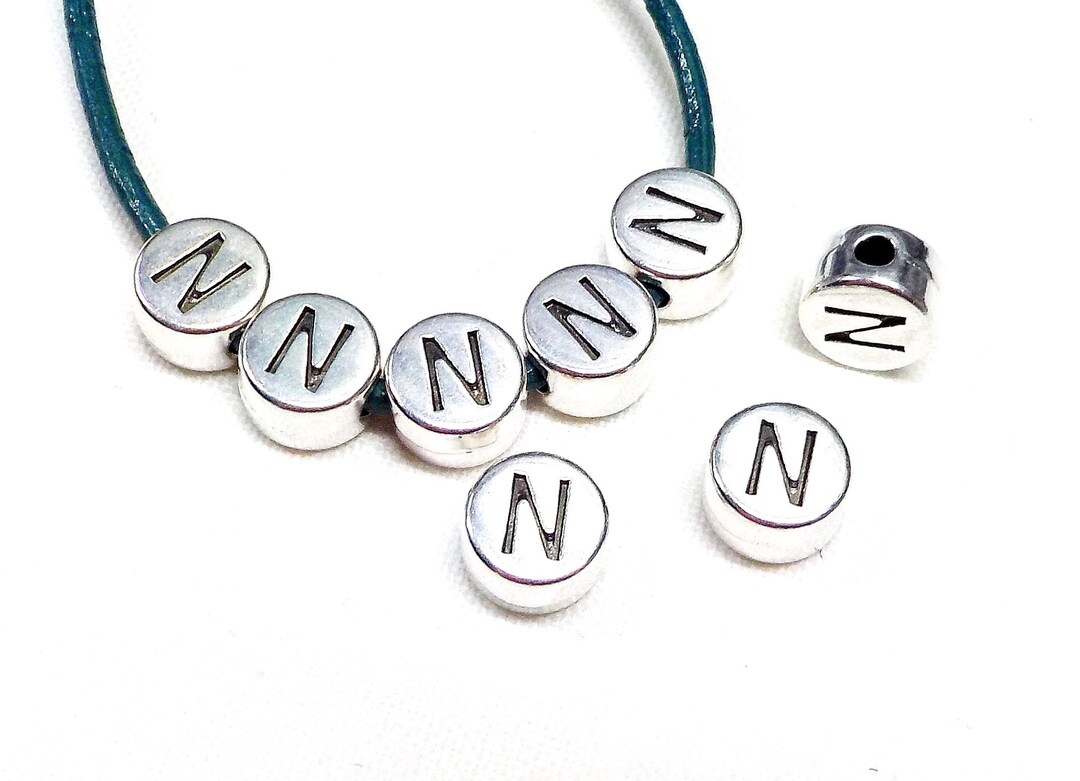 Letter Bead N, Round Spacer Bead, Silver Plated Initial Slider ...