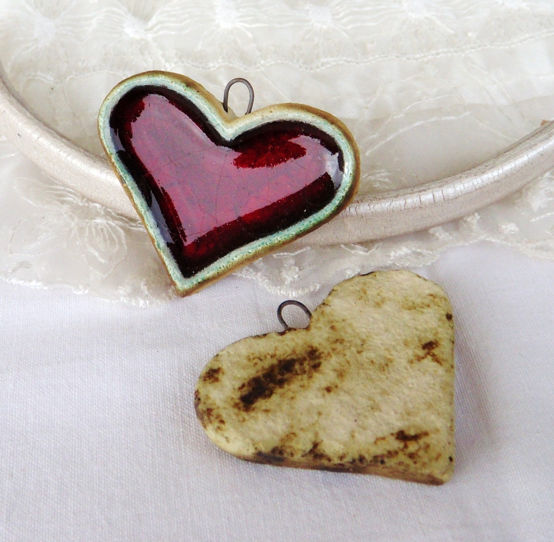 Stoneware Enameled Ceramic Red Heart Ceramic Pendant 49x40mm | Etsy