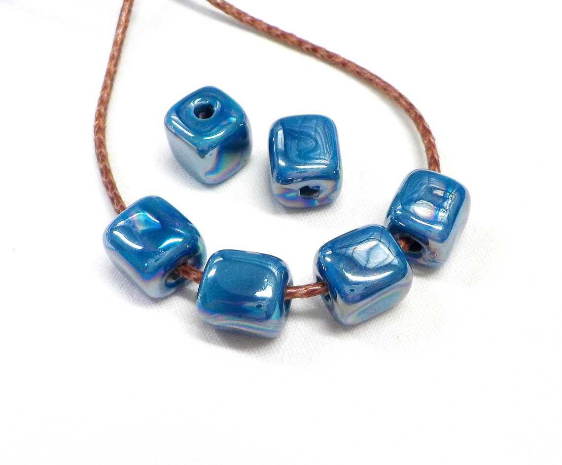Blue Ceramic Cube Handmade Enameled Ceramic Beads Glazed | Etsy