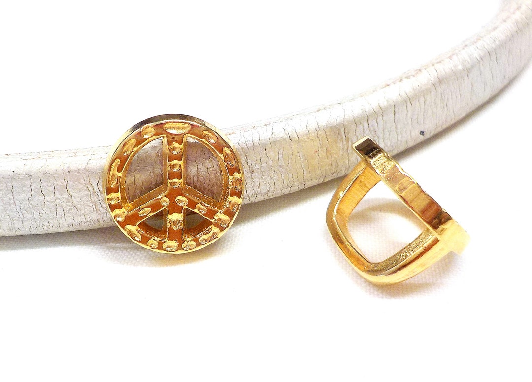 24K Gold Plated Peace Sign Slider, Gold Spacer for Oval Licorice Cord ...