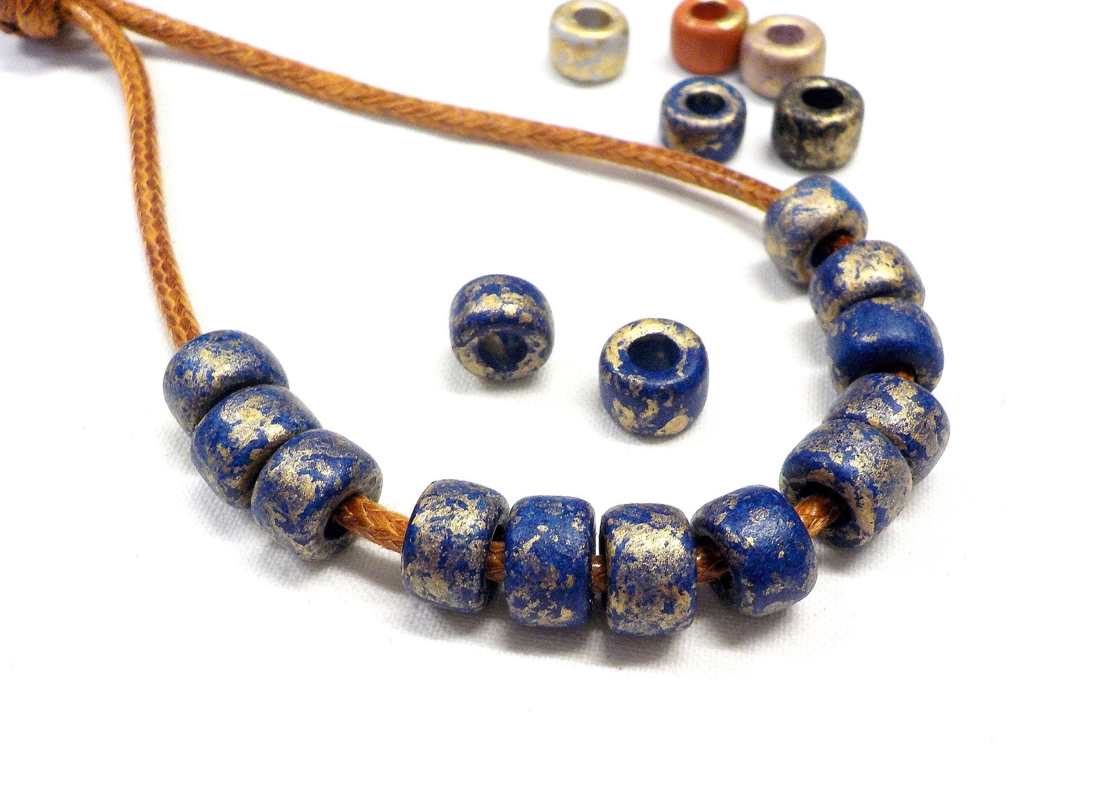 Blue Gold Ceramic Tube Beads, Greek Ceramic Pony Beads, Large Hole ...