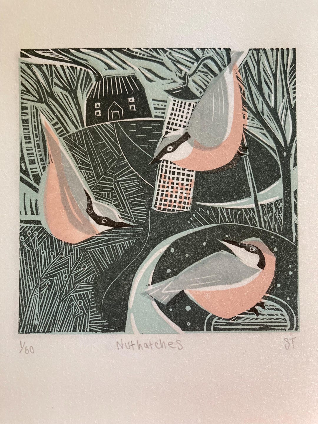 Nuthatches Print: Original Linocut Art, Limited Edition - Etsy