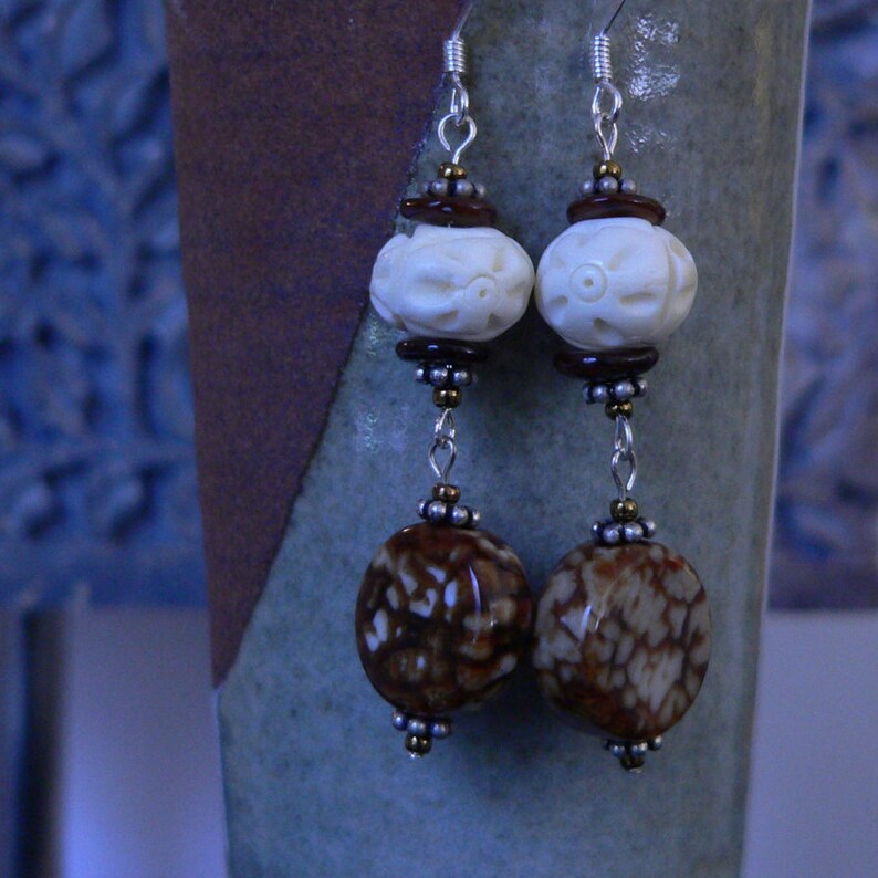 CLEARANCE, Brown Earring, Shell Earring, Cream and Brown, Dangle ...