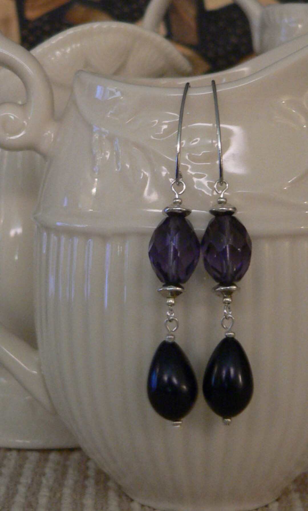 CLEARANCE, Purple Earring, Purple and Black, Black Glass Pearl, Purple ...
