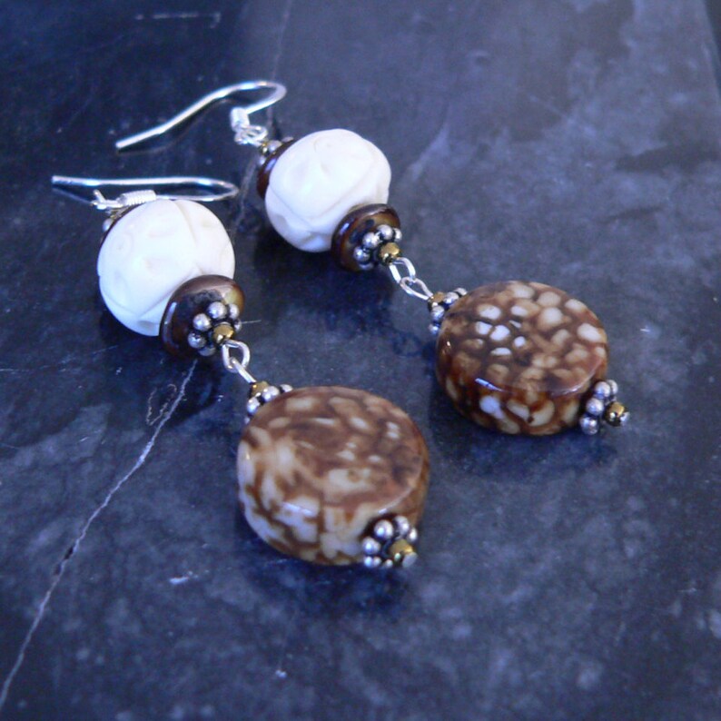 CLEARANCE, Brown Earring, Shell Earring, Cream and Brown, Dangle ...