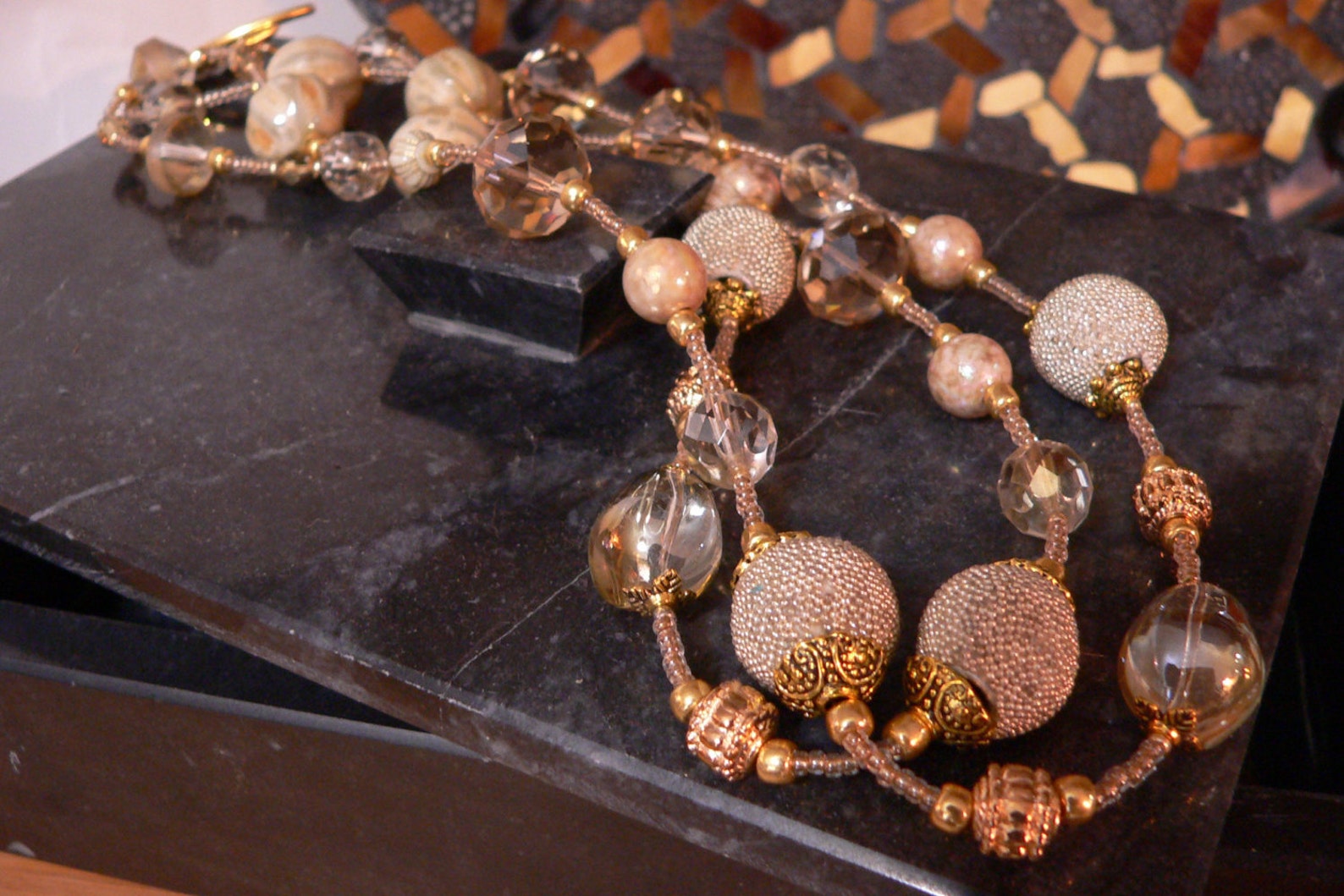 Long Necklace Beaded Necklace Statement Necklace Beige And Gold