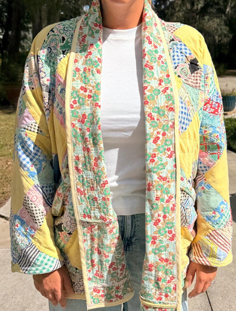 Vintage Patchwork Handmade Quilt Coat Oversized Size Fits Most Yellow ...