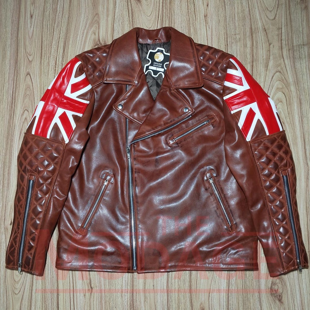 Union Jack Cafe Racer Leather Jacket: Distressed Brown Biker Jacket - Etsy