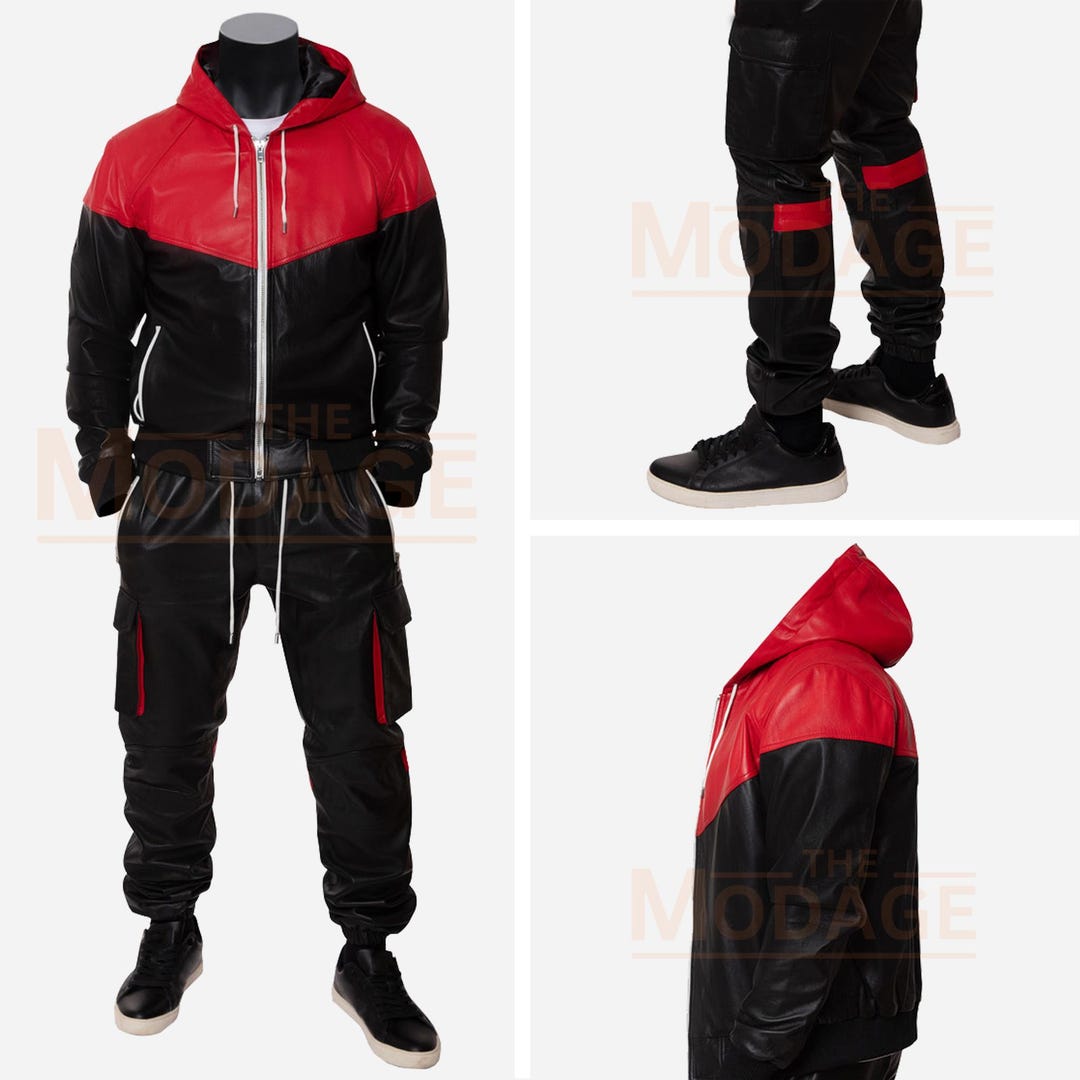 Men's Leather Tracksuit: Black Red & White Hoodie Jacket, Trouser Set ...
