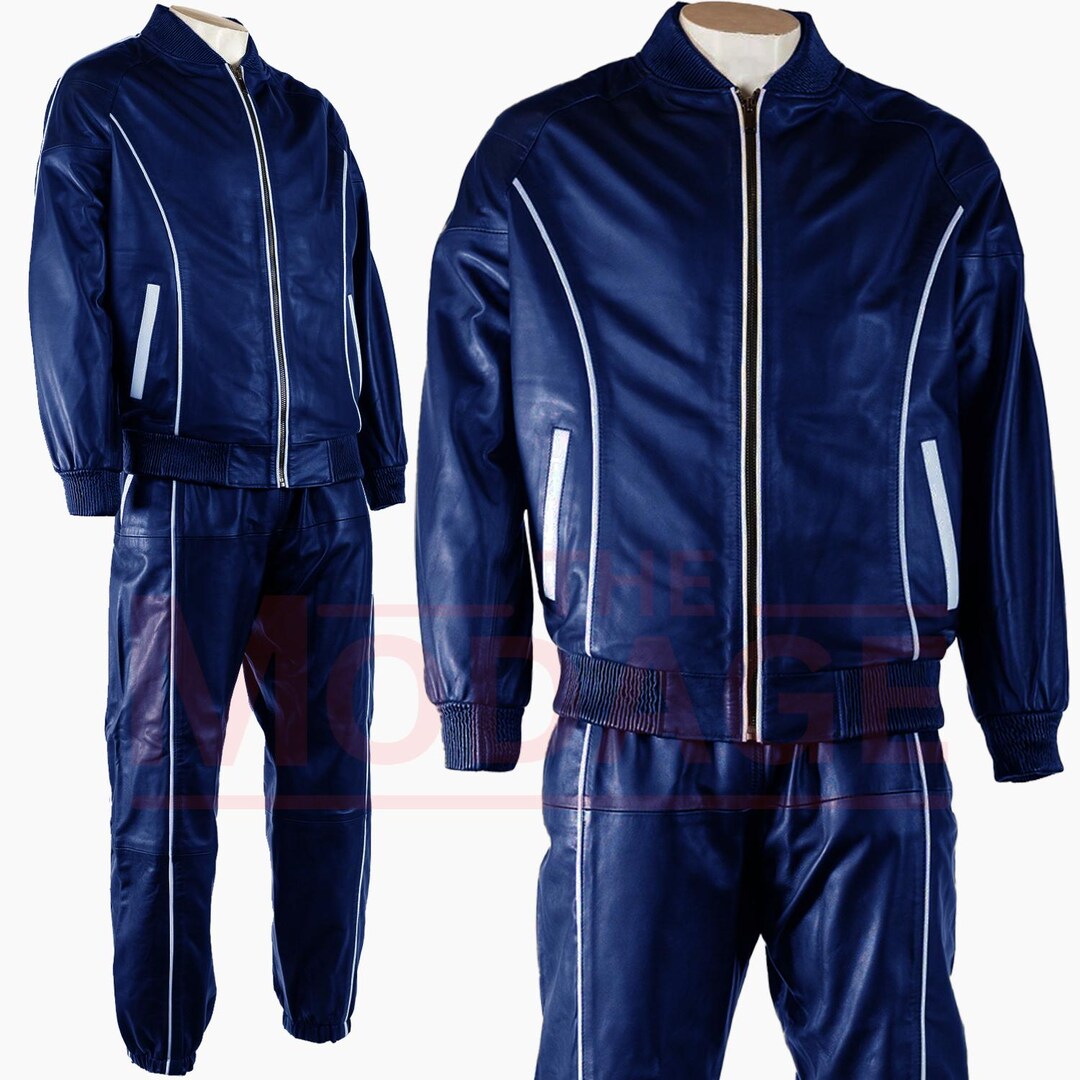 Cowhide Leather Tracksuit: Retro Blue Urban Streetwear Zip-up Two Piece ...