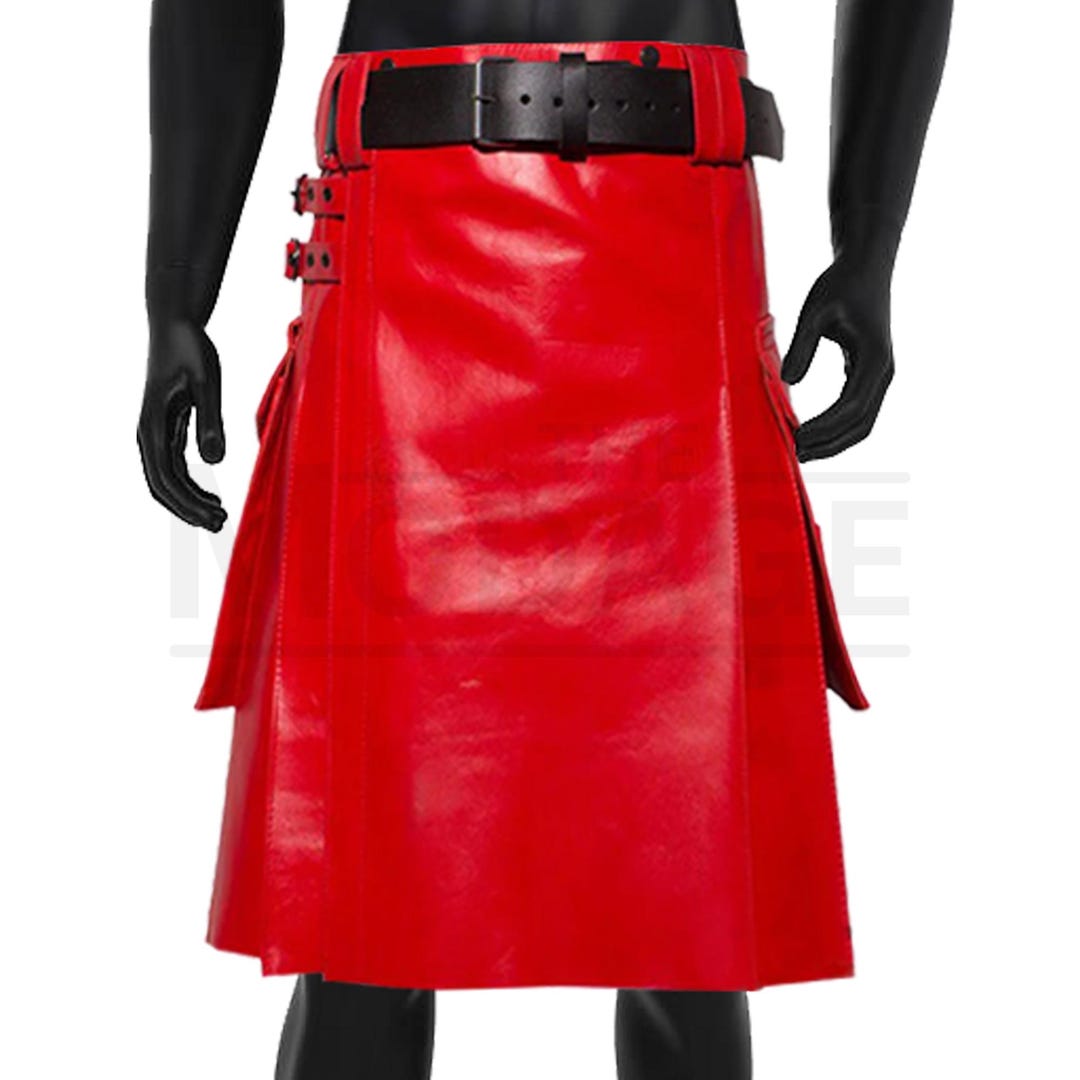 Red Leather Kilt – Men’s Cargo Pocket Traditional Hybrid Leather Kilt ...