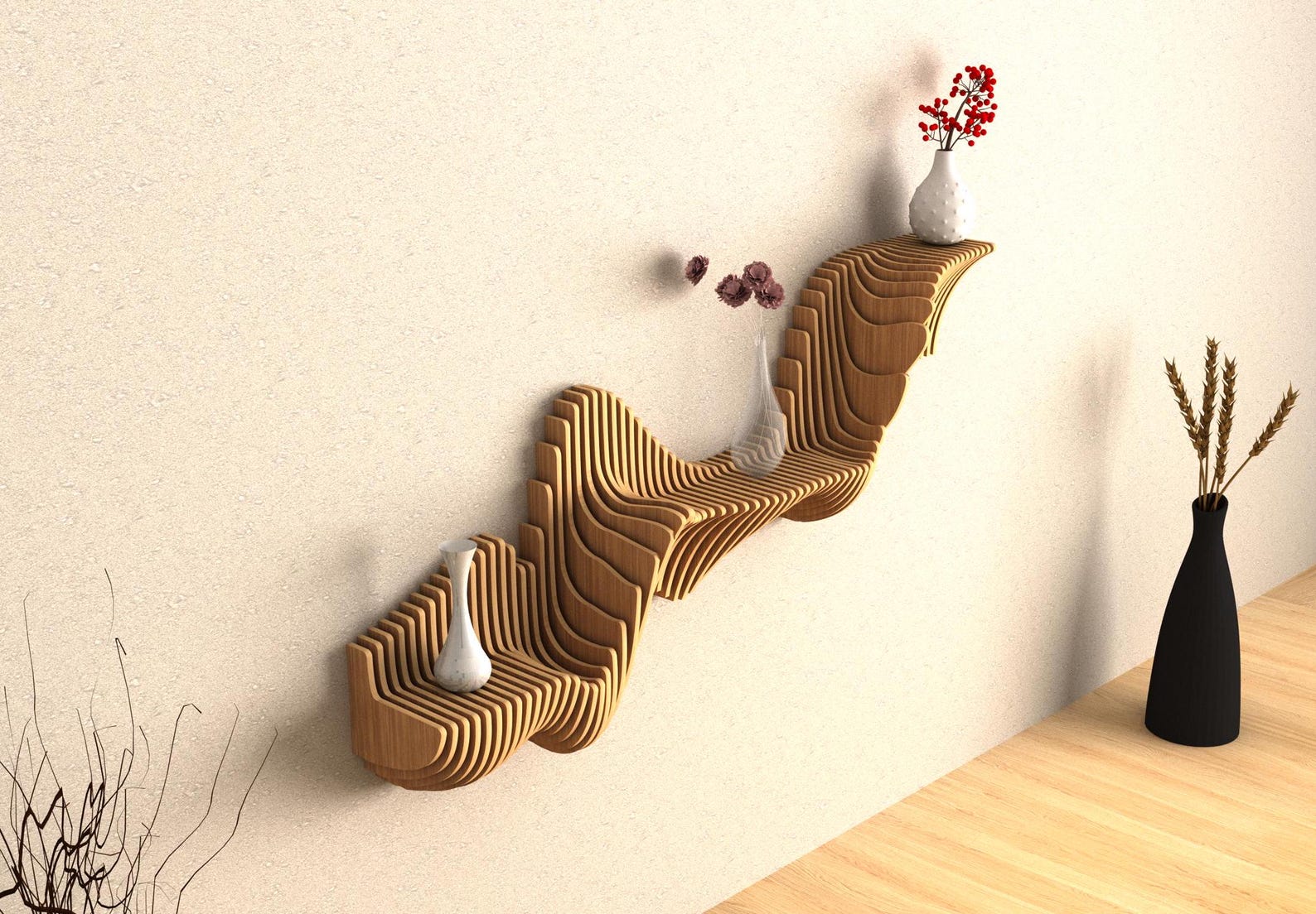 Wavy Wooden Wall Shelf: Floating Curvy MDF Parametric Shelves - Etsy