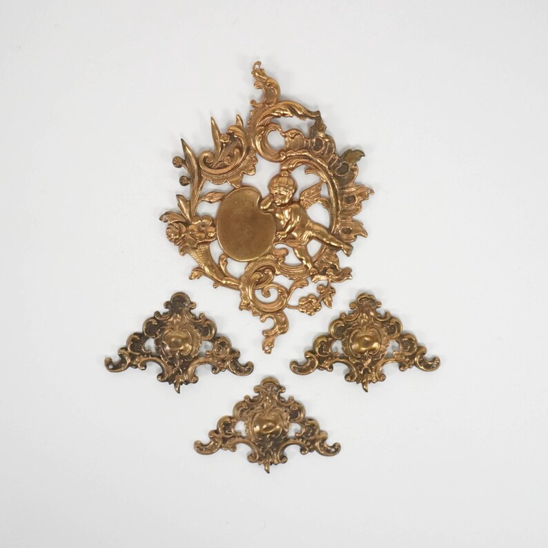 Vintage 1930s Antique Brass Rococo Furniture Embellishments With Cherub ...
