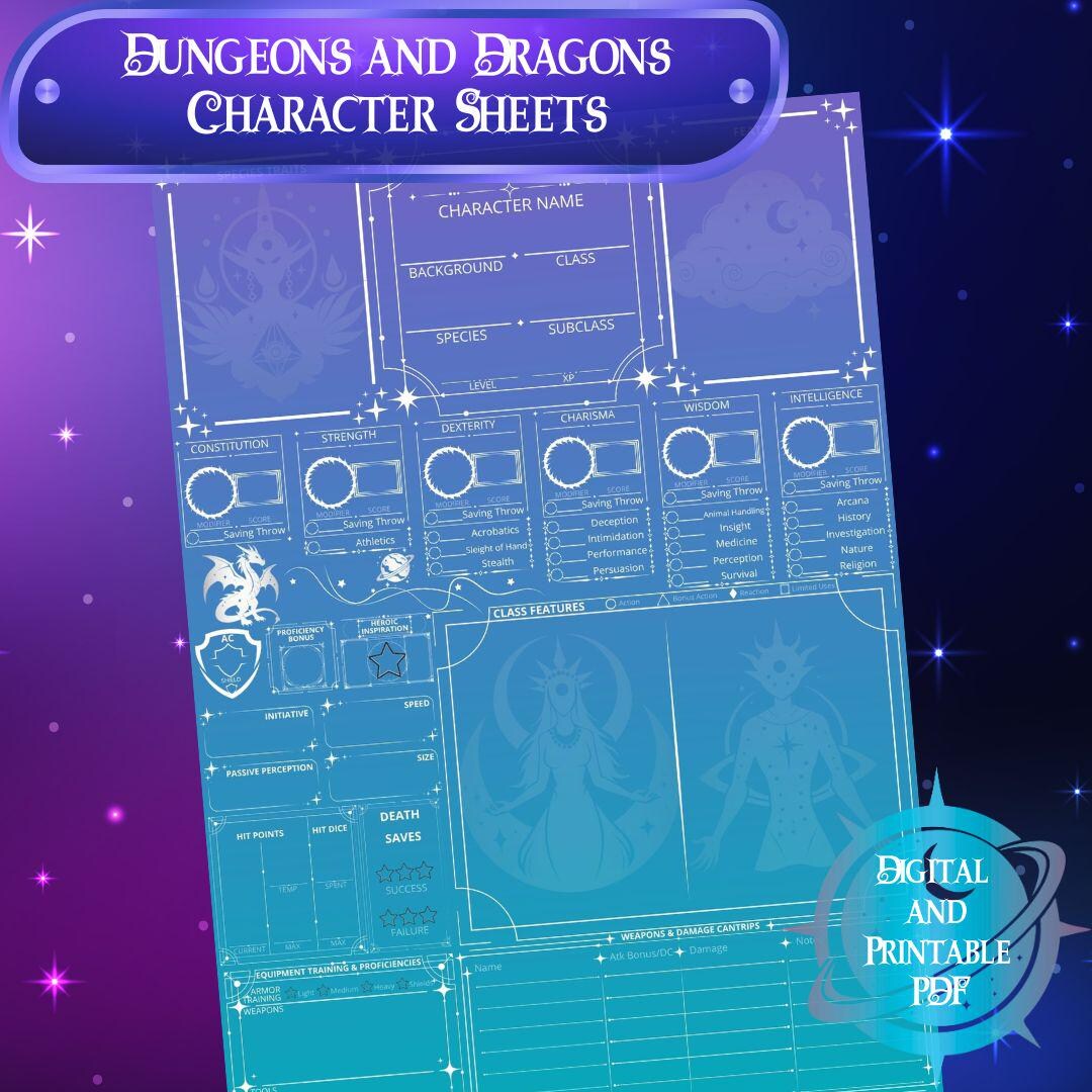 DND Character Sheet 5th Edition 2024 Celestial Custom Style for All RPG ...