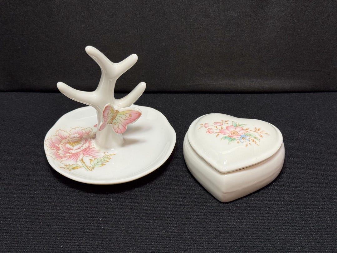 White Porcelain Ring Dish With Butterfly and Matching Heart Trinket Box ...