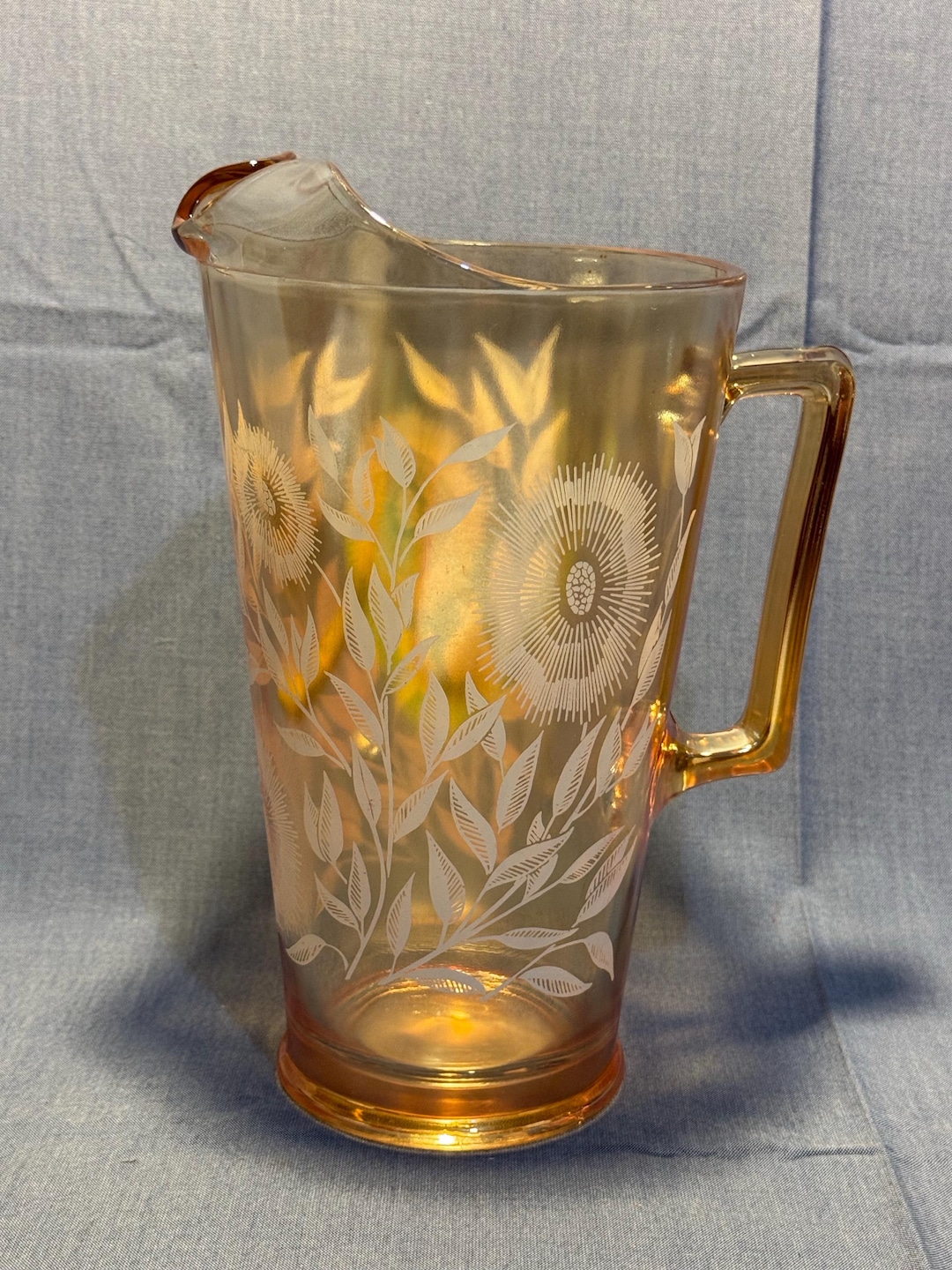 Vintage Jeanette Glass Amber Carnival Glass Pitcher With White Cosmos ...