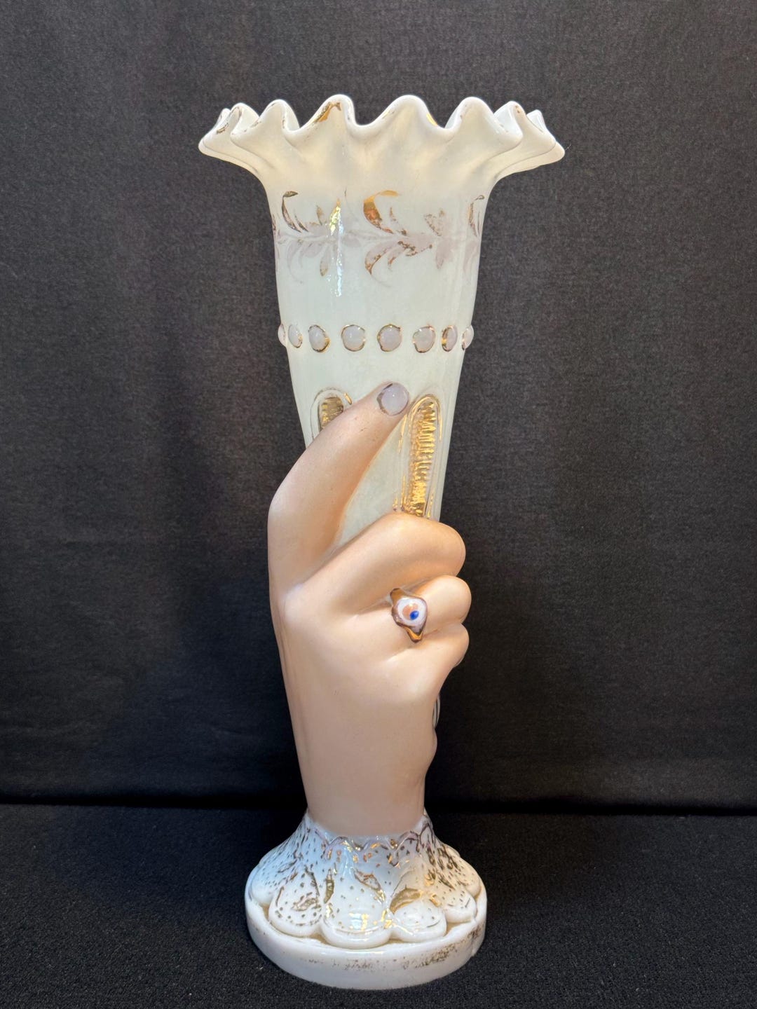 Victorian Lady Hand Holding A Torch Translucent White Milk Glass Gold ...
