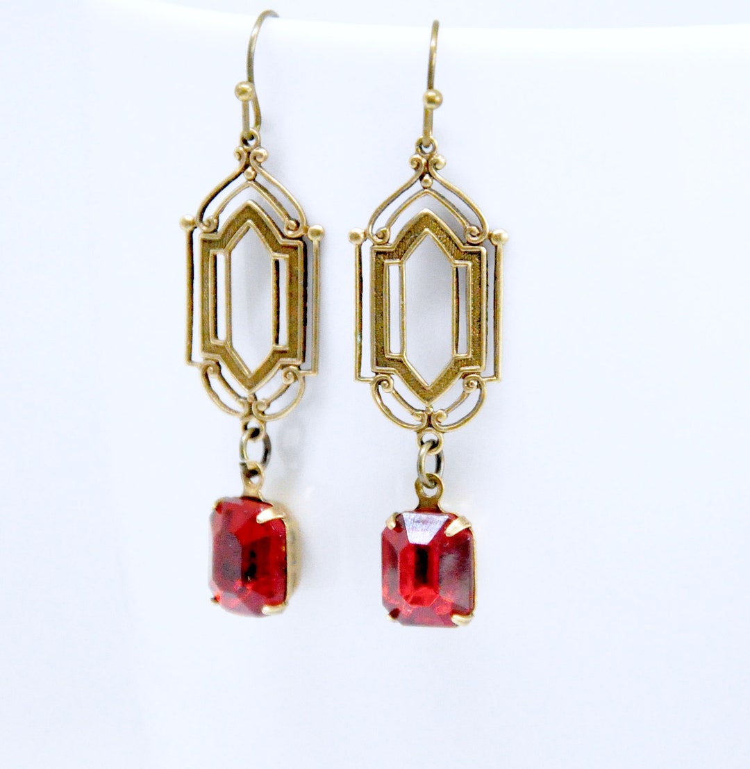 Art Deco Siam Ruby Earrings: Antiqued Brass Filigree, July Birthstone ...