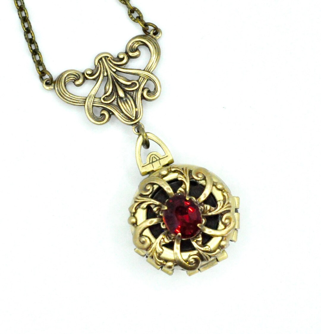 Vintage Style Ruby Dark Red Locket, Antiqued Brass 4 Photo Locket ...