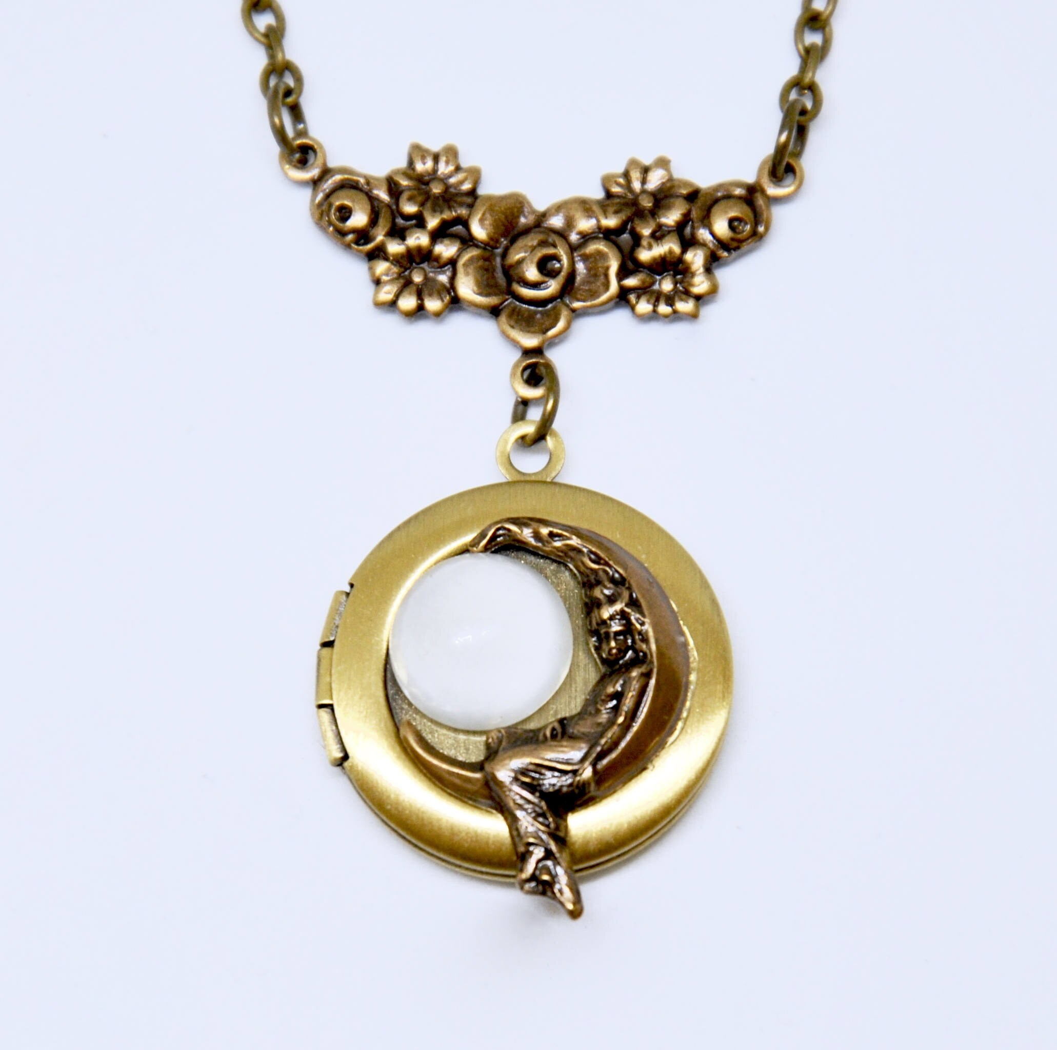 Crescent Moon Locket Necklace White Opal Locket Mystic | Etsy