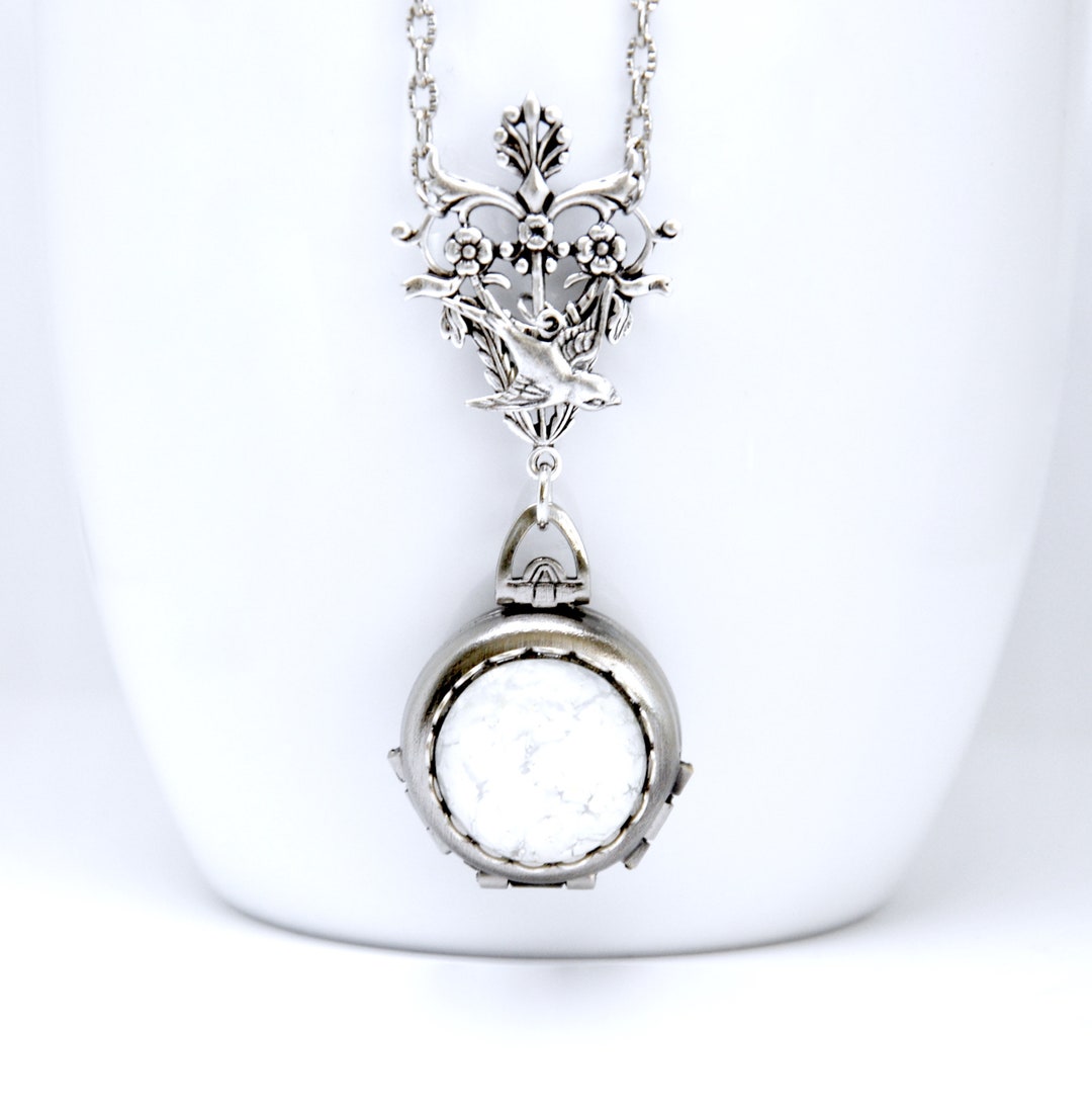 White Opal Locket Necklace, 4 Photo Locket, Vintage Style Art Deco ...