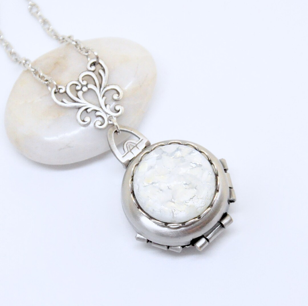 White Opal Locket Necklace, Silver 4 Picture Locket, Antique Silver ...